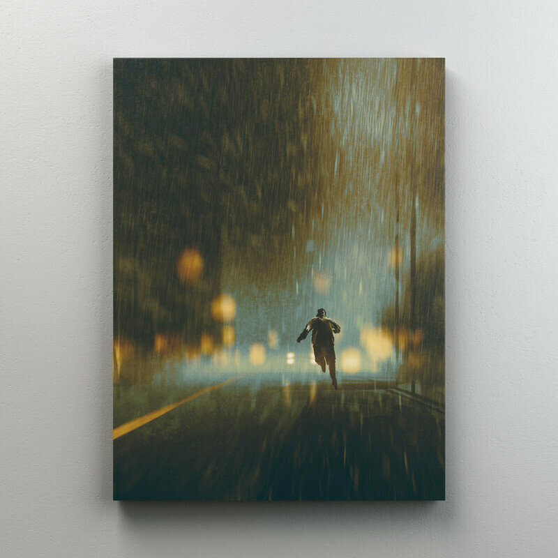 Интерьерная картина на холсте "Бегущий под дождем" размер 22x30 см