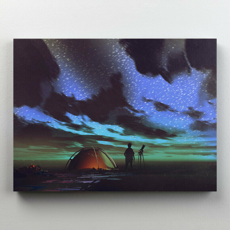 Интерьерная картина на холсте "Мальчик наблюдает за заездами в телескоп" размер 30x22 см