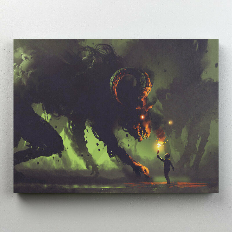 Интерьерная картина на холсте "Демонический монстр из дыма с рогами и светящимися глазами" размер 30x22 см