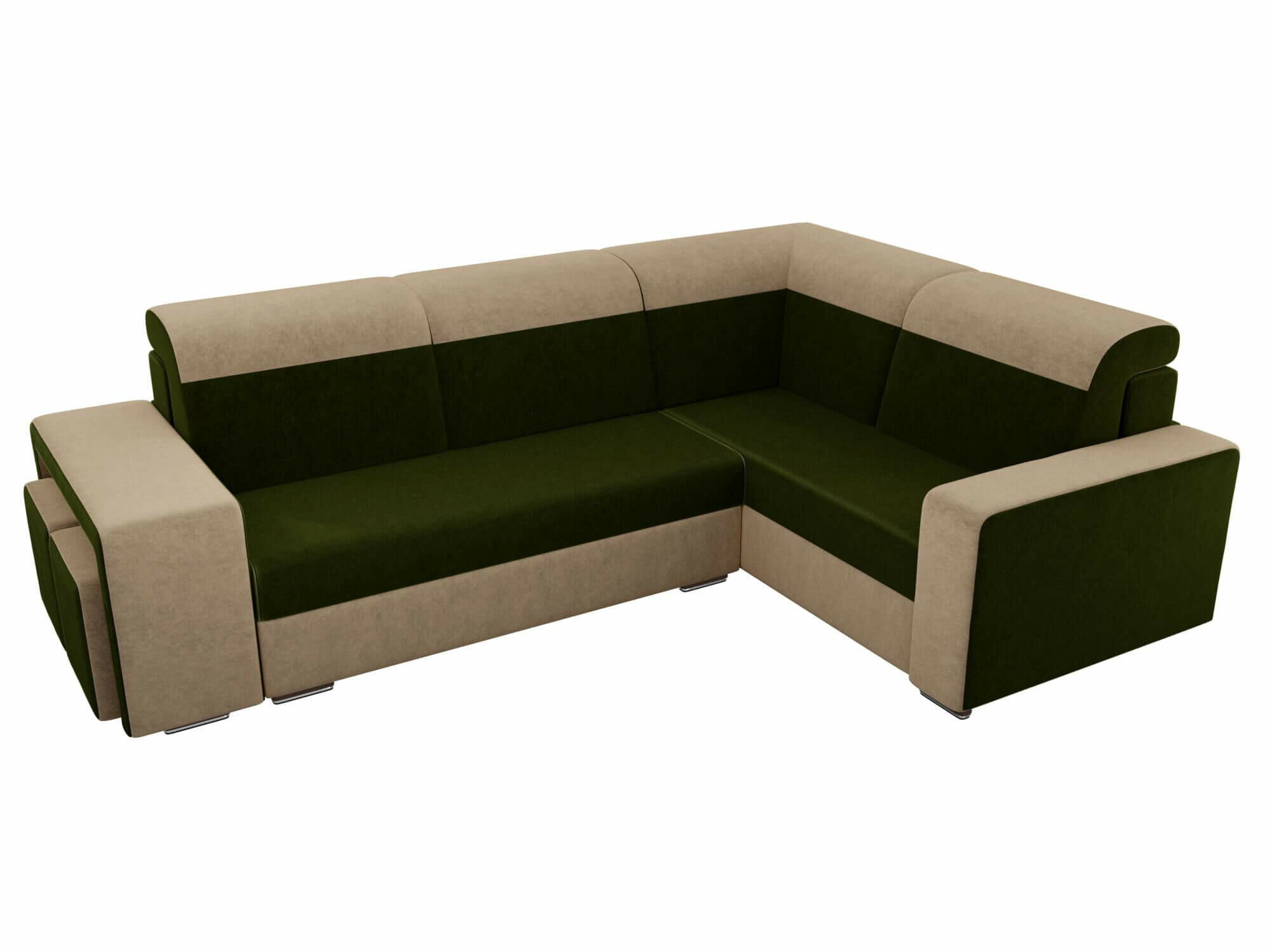 Artum Угловой диван Мустанг с двумя пуфами вельвет зеленый бежевый правый