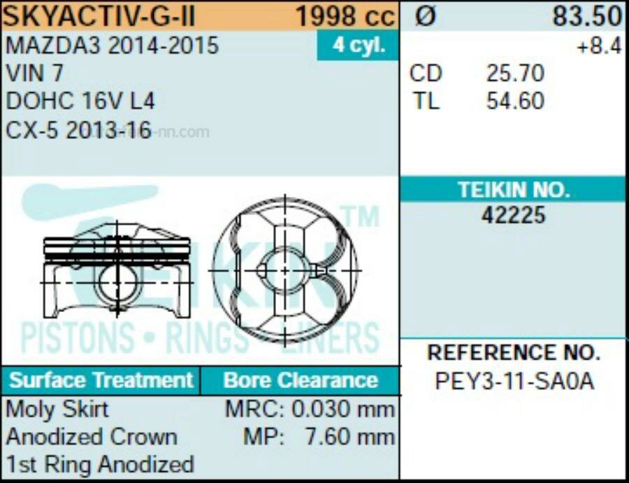 TEIKIN 42225STD Поршень (STD/ к-т 4 шт) Ford Focus 10-15 / Mazda 3 13-19 PEVPH; PEVPR; PEVPS