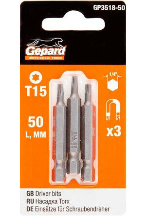 Бита насадка для шуруповерта магнитная Torx T15 50 мм GEPARD 3 штуки (GP3518-50)