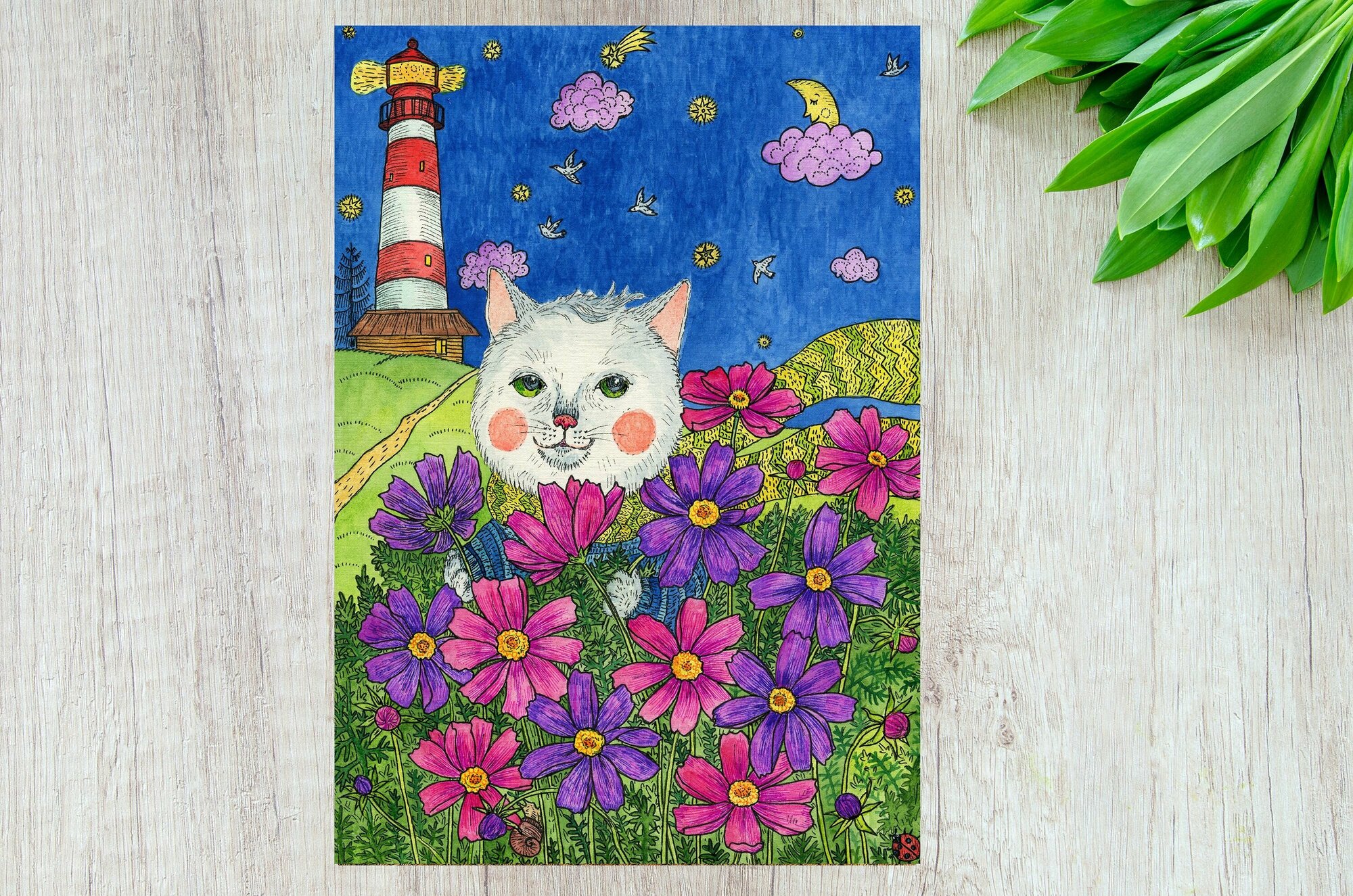 Открытка Романтичный котик у маяка. Открытка с котом поздравительная с конвертом