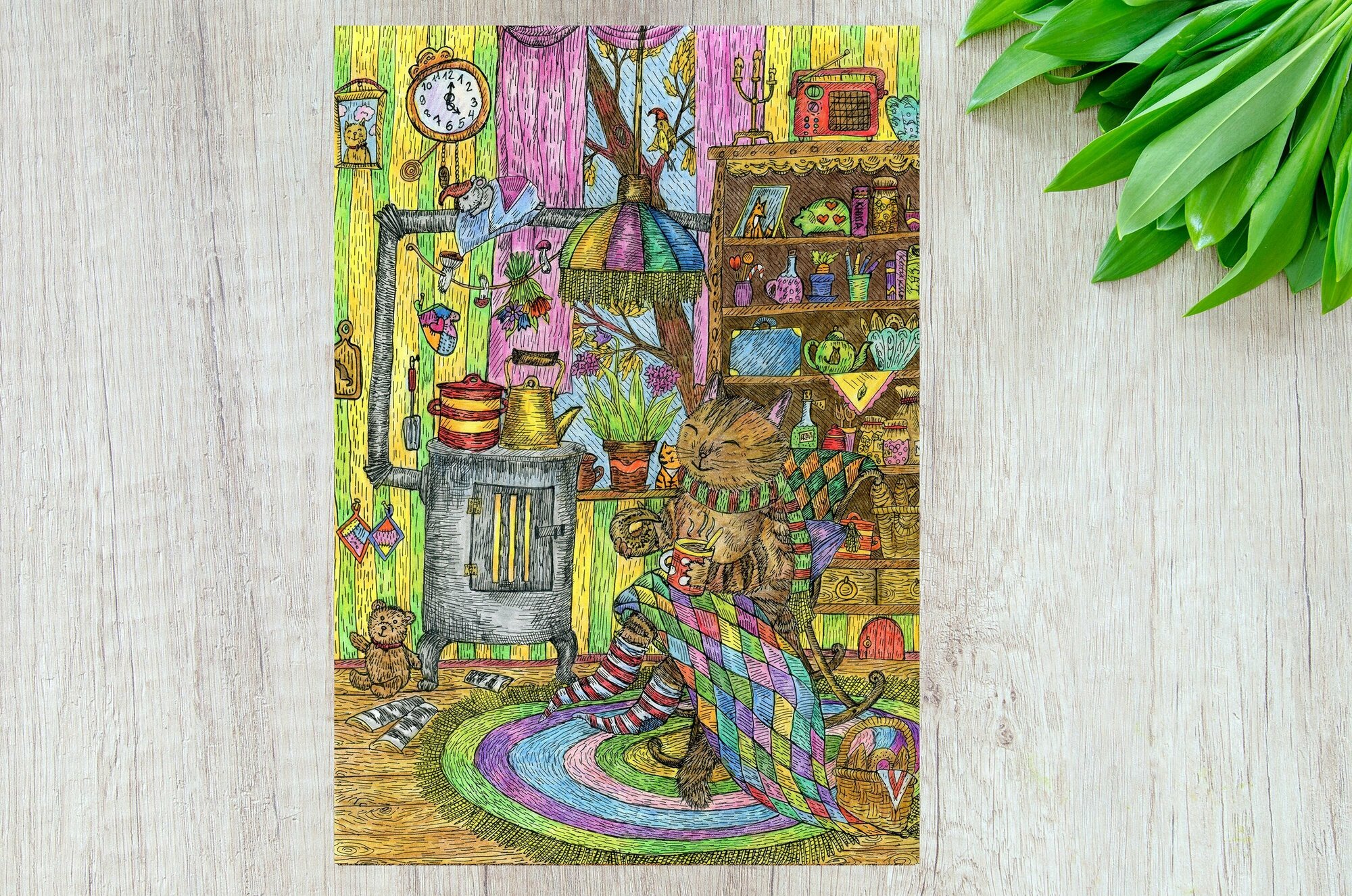 Открытка Котик в уютной избушке. Открытка с котом поздравительная с конвертом