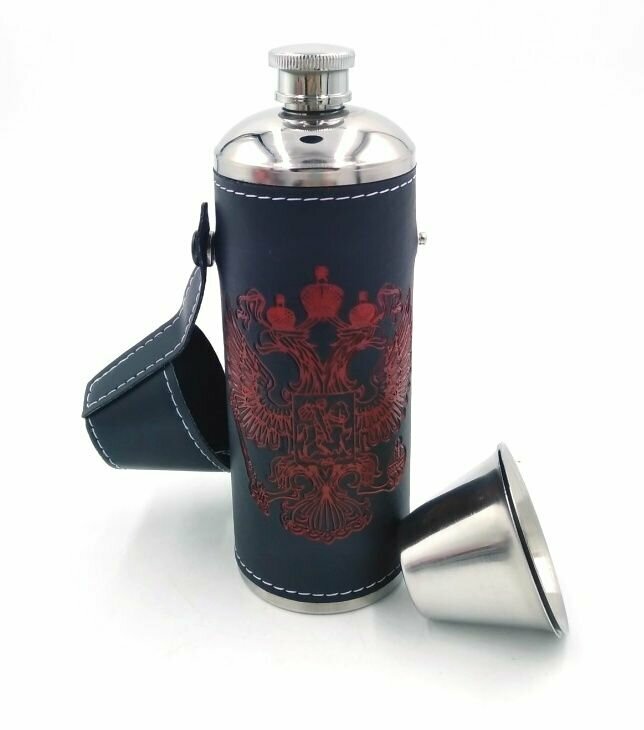 Фляжка 266мл 9oz Бутылка/2стопки Герб России из нержавеющей стали , плоская мужская походная армейская, фляга для воды для алкоголя, подарочный набор, сувенир подарок мужчине на день рождения, новый год, 23 февраля парню папе мужу другу