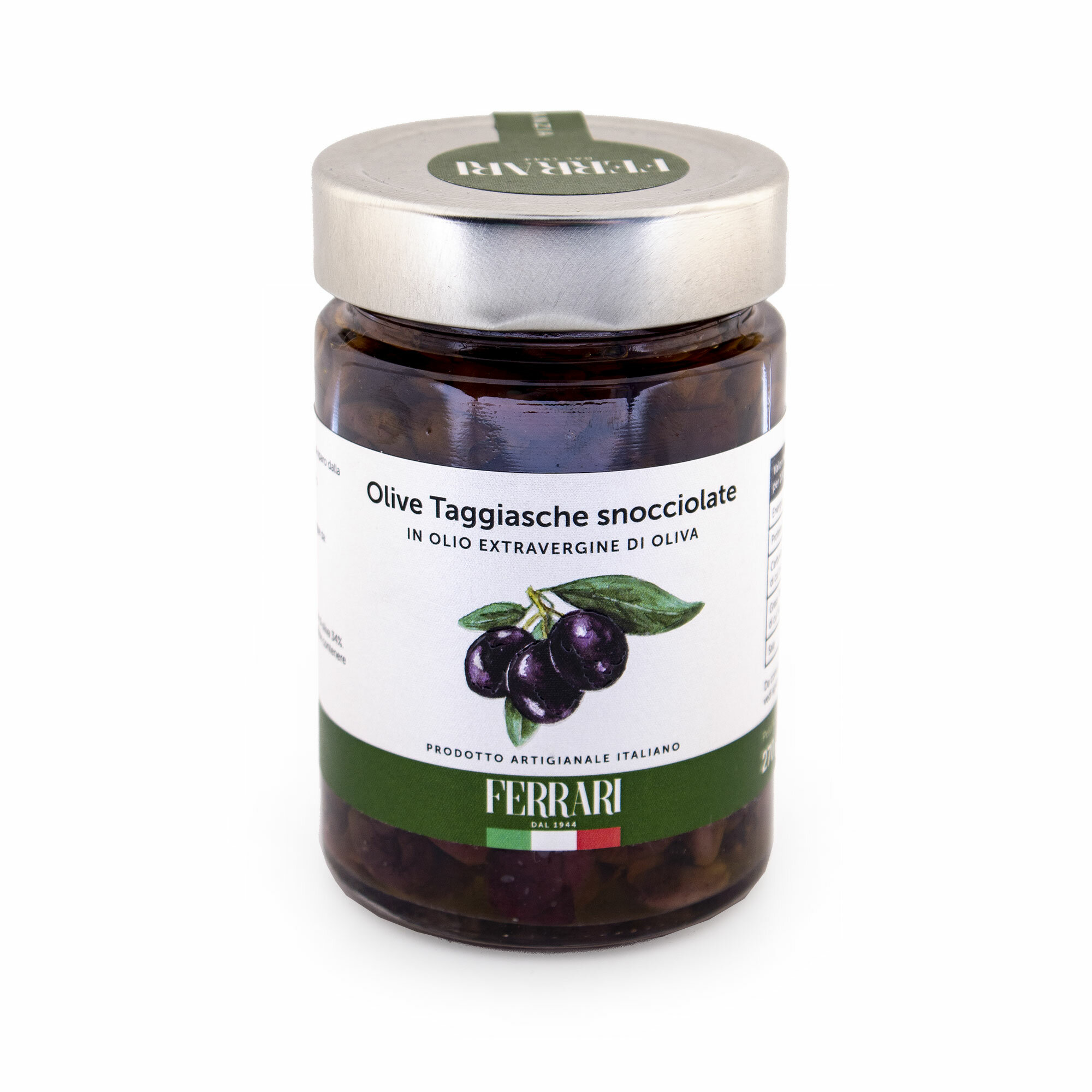 Оливки Таджаски без косточек в оливковом масле первого холодного отжима, FERRARI, 0,27 кг/0,18 кг (ст/б)