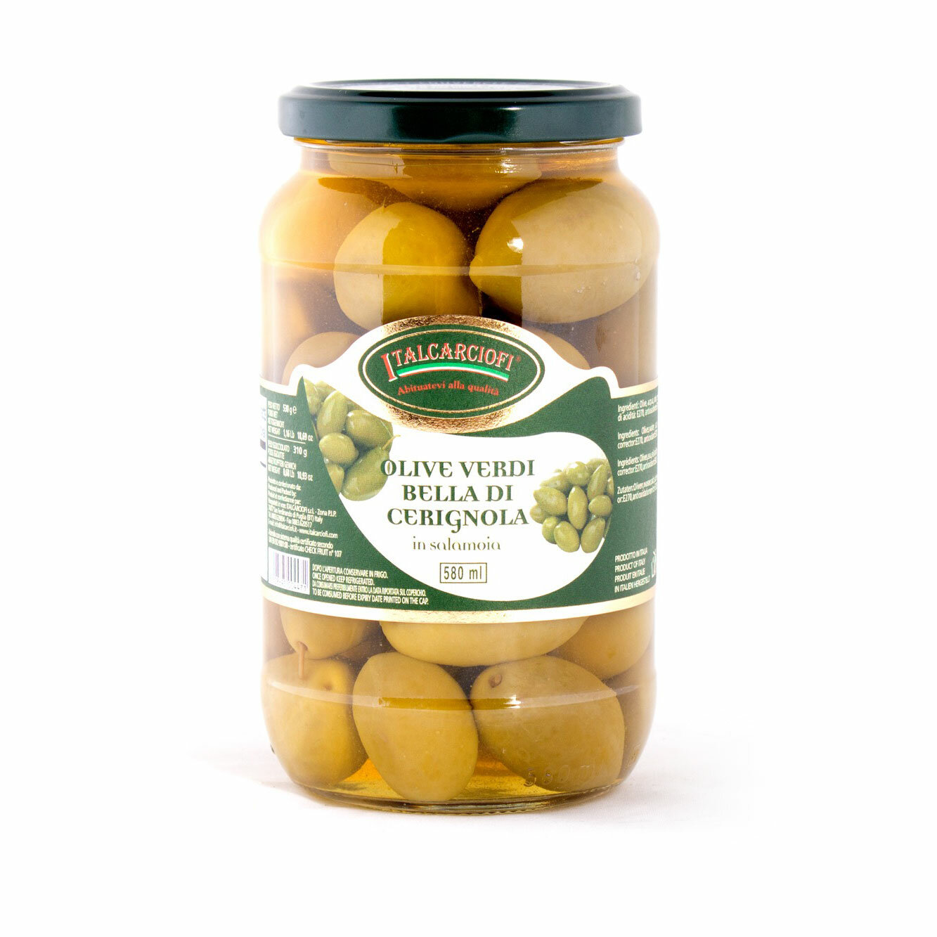 Оливки Белла Чериньола с косточкой в рассоле, ITALCARCIOFI, 0,54 кг/0,31 кг/0,58 л (ст/б)