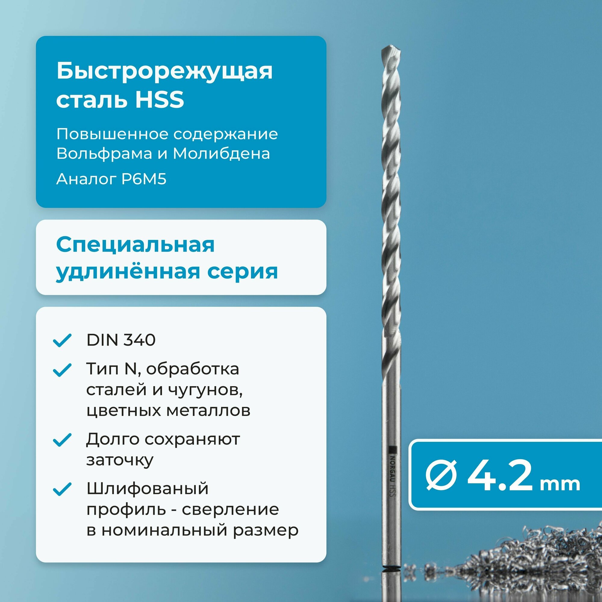 Сверло по металлу 4.2 мм NORGAU Industrial HSS удлинённое, шлифованное, с центрирующей подточкой перемычки, правое, DIN 340