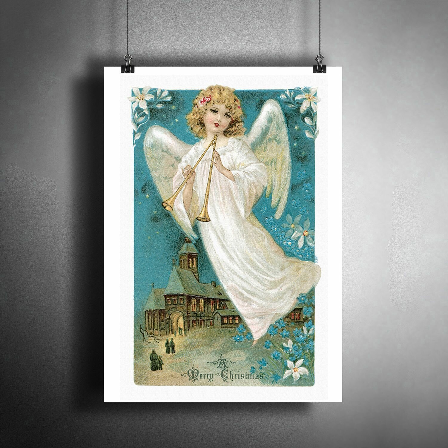Постер плакат "Счастливого Рождества. Новый год. Ангел" / Декор для дома, офиса, комнаты, квартиры, детской A3 (297 x 420 мм)