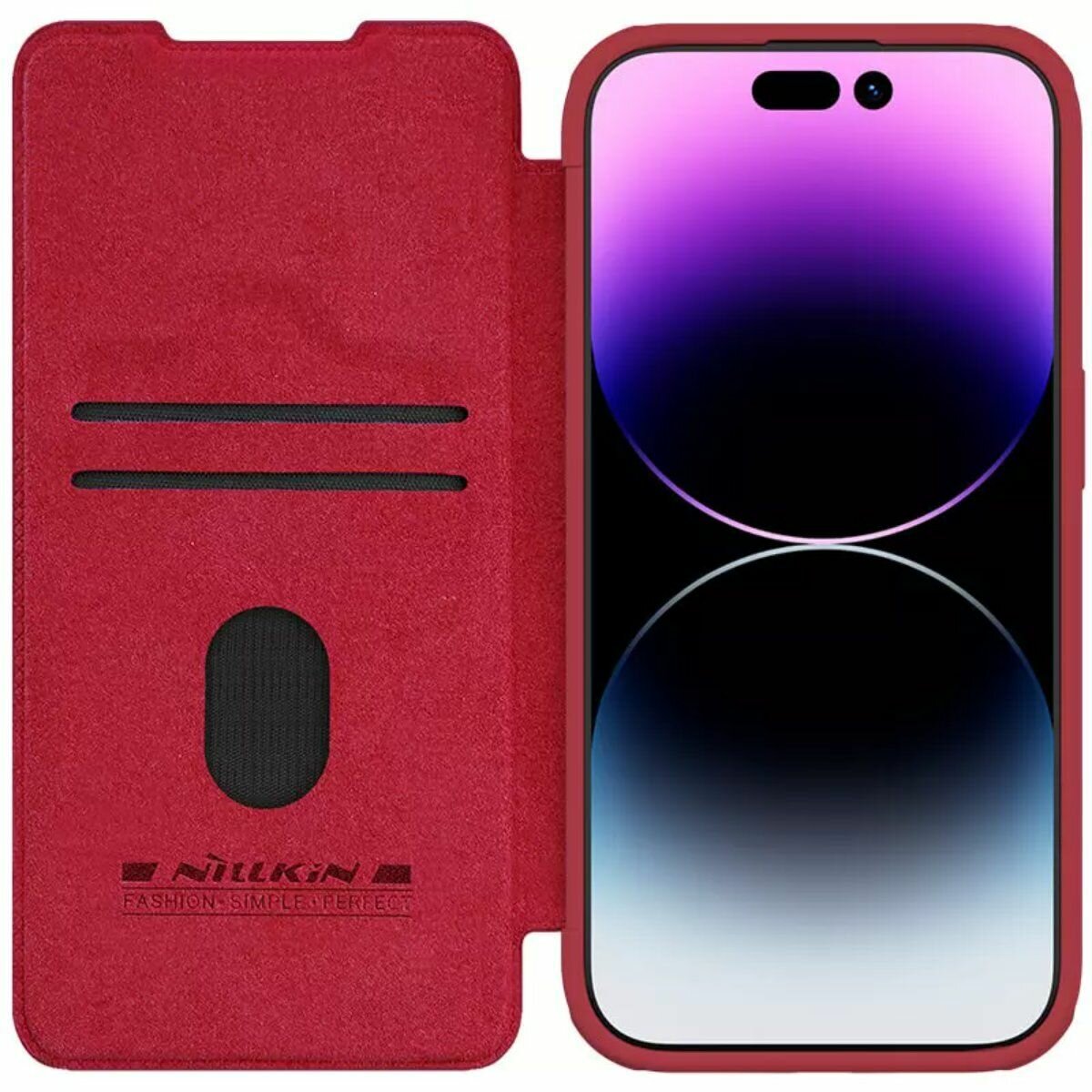 Кожаный чехол-книжка Nillkin Leather Qin Pro c защитой камеры для iPhone 15 Pro (красный)