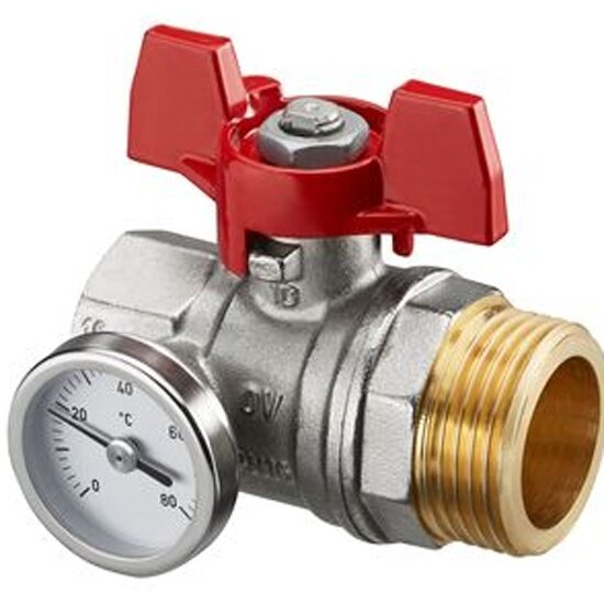 Кран шаровой Oventrop с плоским уплотнением Ду20, G3/4"BP x G1"HP, с термометром (0–80 °C), с красным маховиком