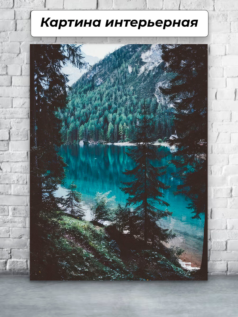 Картины для интерьера 50х70 Озеро в лесу бирюзовое пейзаж