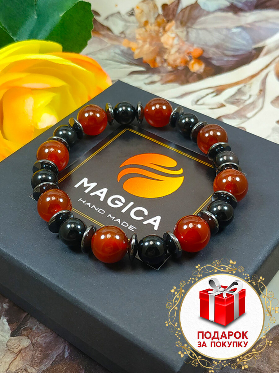 Браслет, сердолик, обсидиан, гематит