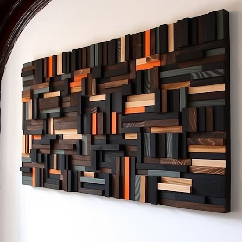 Картина-панно из дерева с геометрическими формами Яркая темнота 2