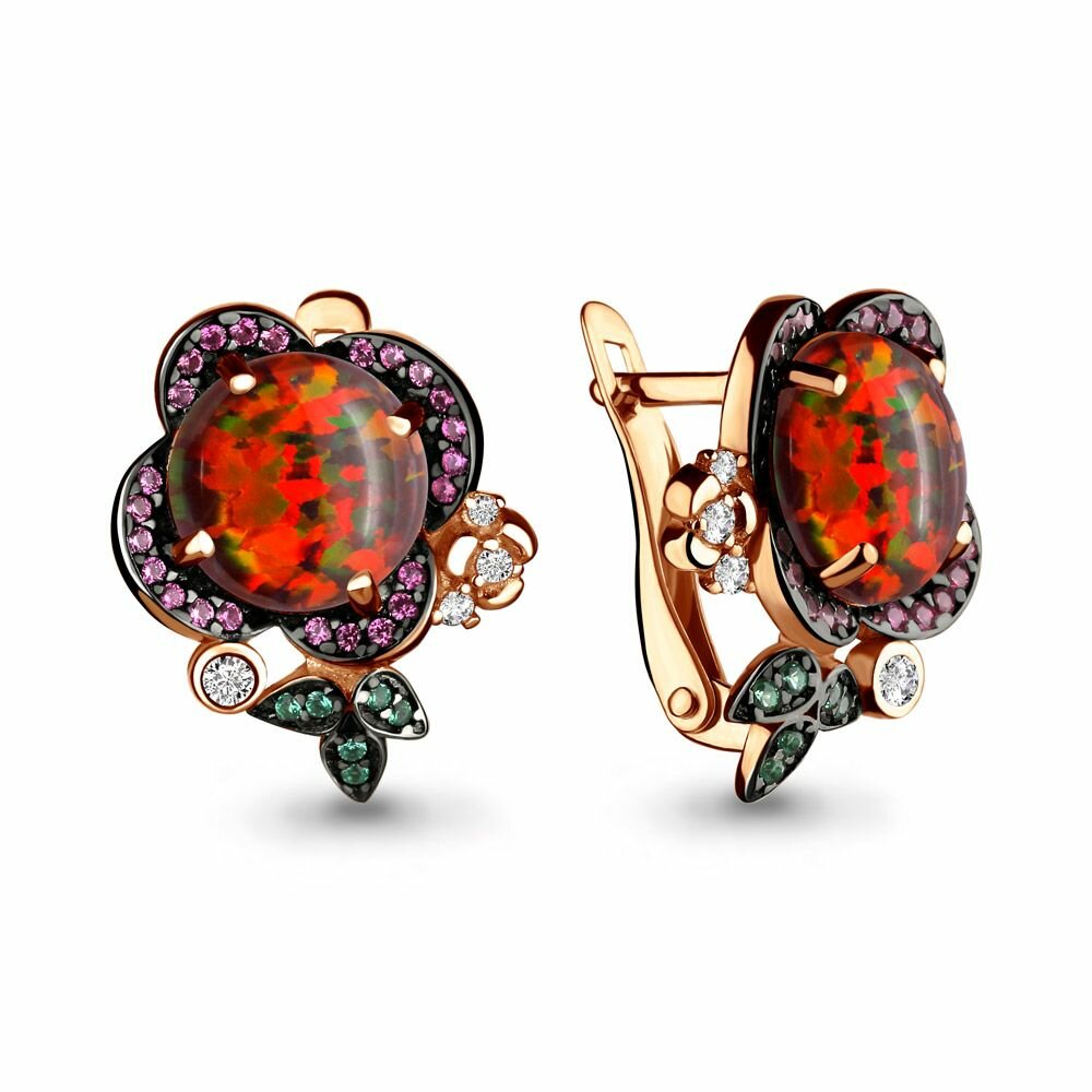 Серьги, серебро, 925 проба, фианит, опал синтетический, нанокристалл, изумруд синтетический