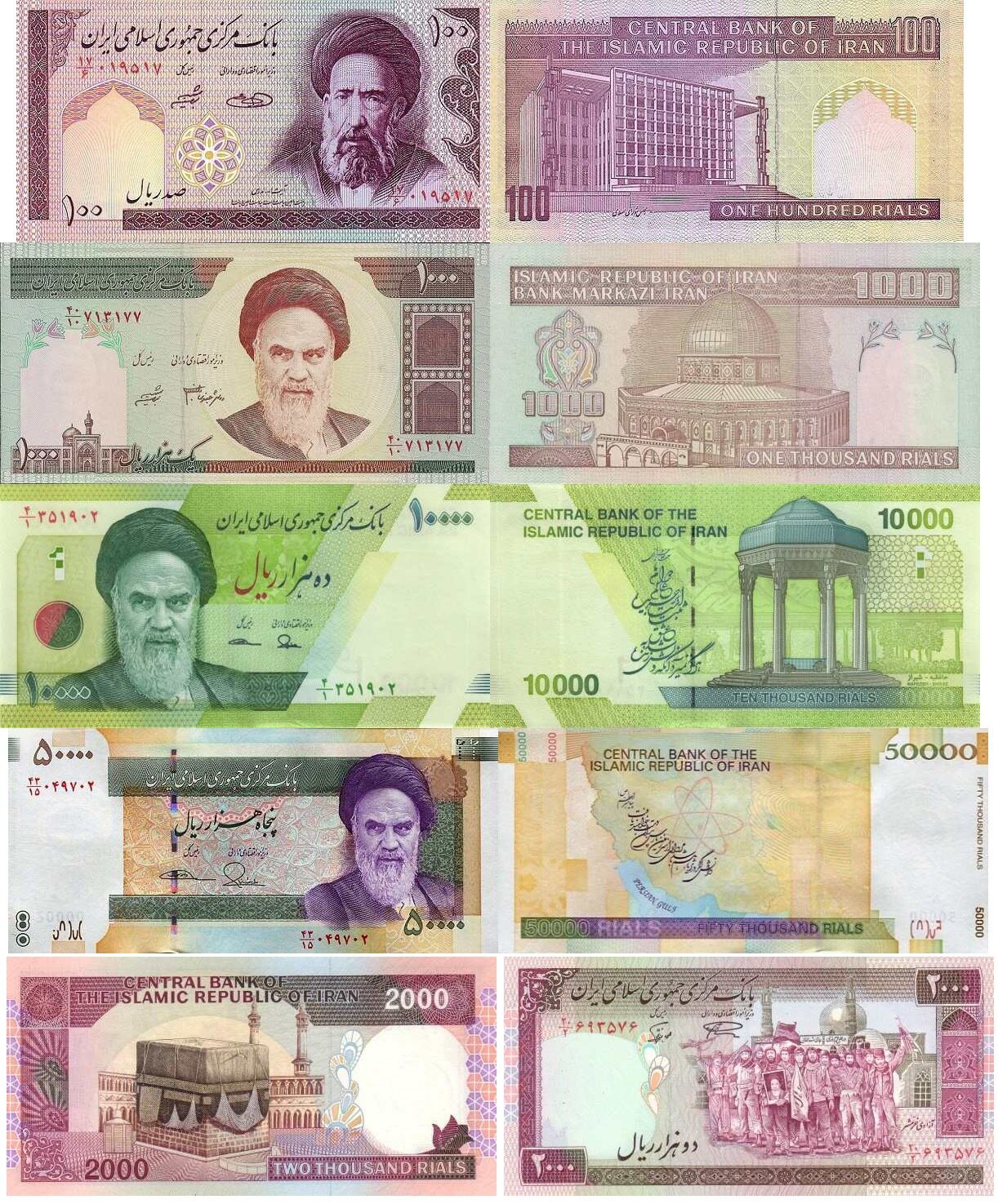 Комплект банкнот Ирана, состояние UNC (без обращения), 1985-2017 г. в.