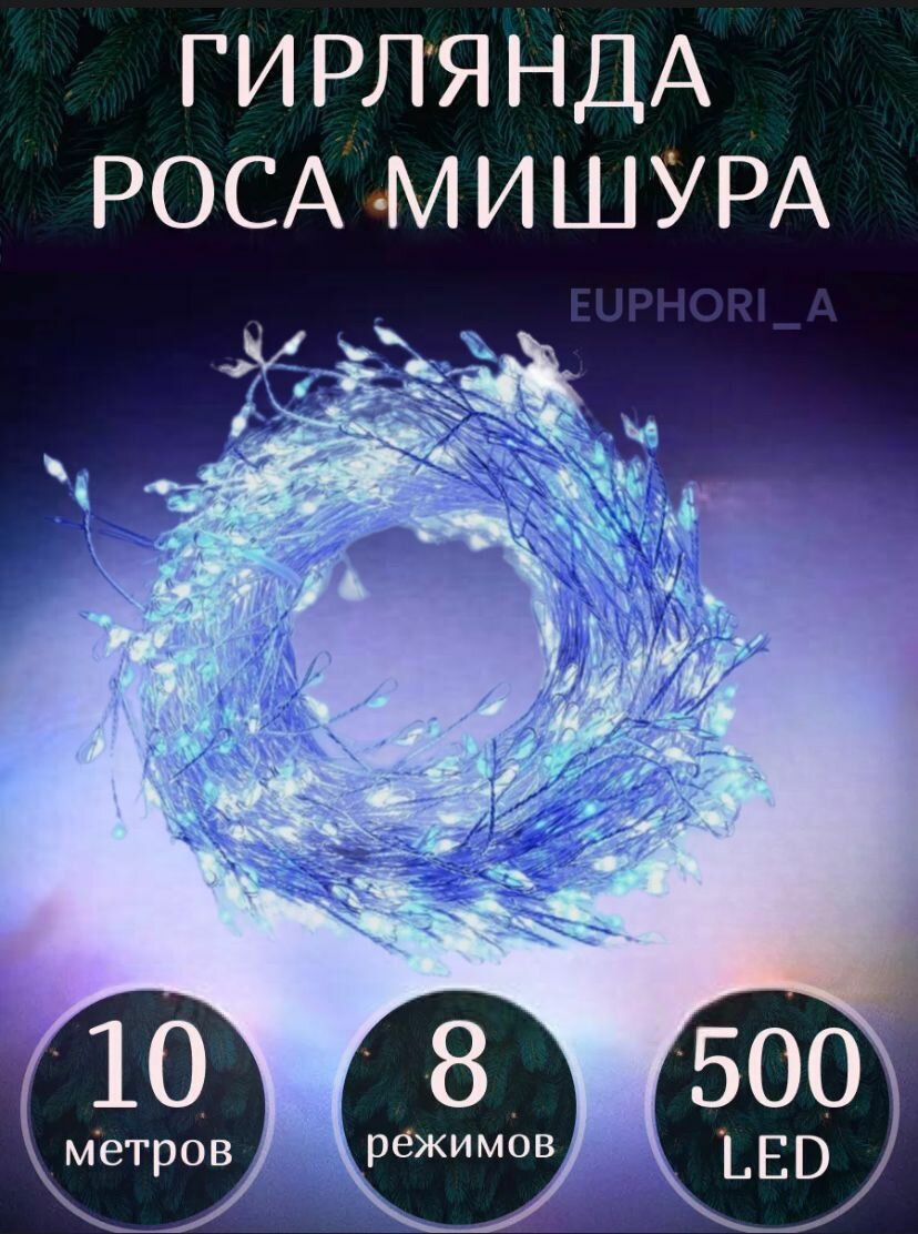 Гирлянда новогодняя светодиодная EUPHORI_A роса мишура 10м, цвет белый с синим