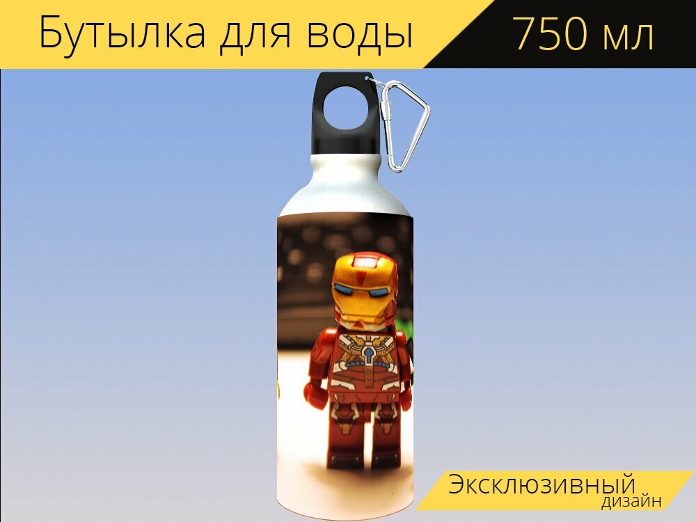 Бутылка фляга для воды "Конструктор лего, лего кирпичи, людек" 750 мл. с карабином и принтом