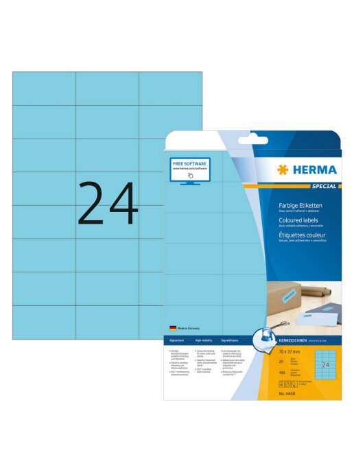 Самоклеящиеся этикетки бумажные 70*37 HERMA, 25 листов синий цвет