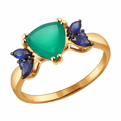 Кольцо, красное золото, 585 проба, родирование, хризопраз, сапфир