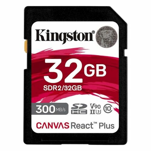 Карта памяти SDHC UHS-II U3 Kingston Canvas React Plus 32 ГБ, 300 МБ/с, Class 10, SDR2/32GB, 1 шт, переходник SD
