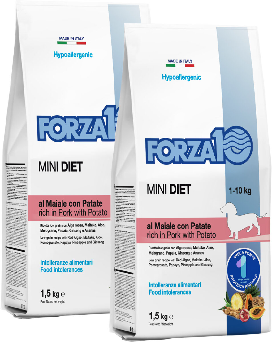 Корм сухой FORZA10 DOG MINI DIET монобелковый для взрослых собак маленьких пород при аллергии со свининой и картофелем (1,5 + 1,5 кг)