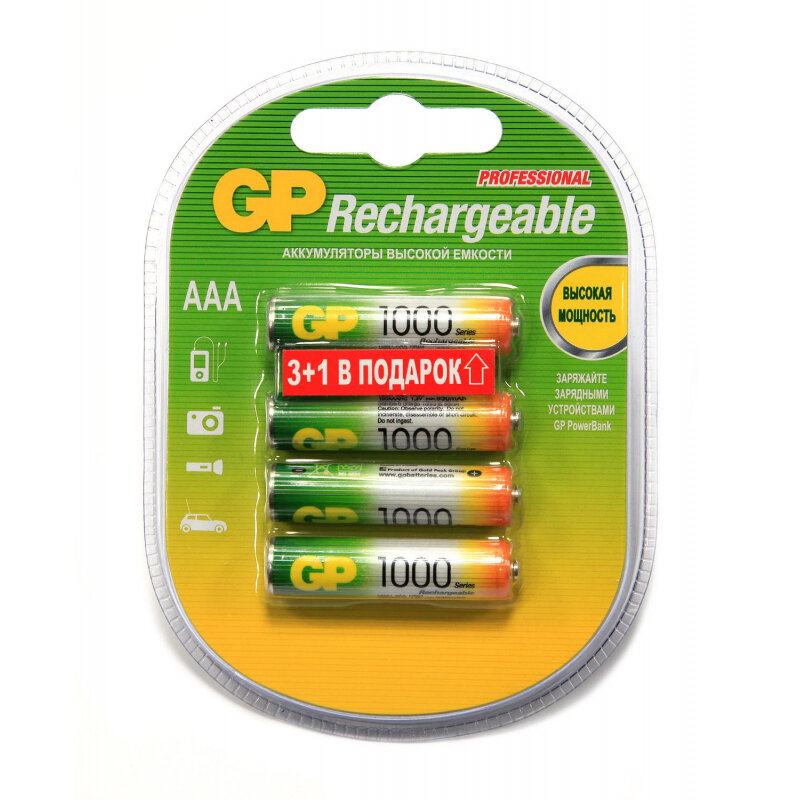 Аккумулятор GP 1000 ser. (min 950mAh) AAA/HR03, 100AAAHC3/1-2DECRC4, бл/4шт