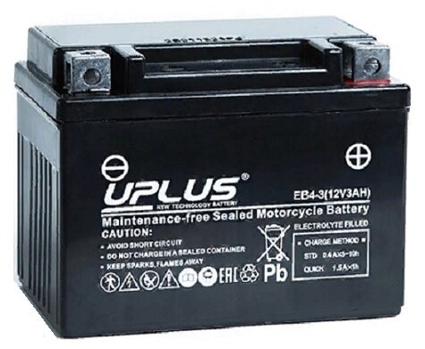 Аккумулятор для мото и гидротехники UniPLUS High Perfomance AGM 3 А/ч 50 А обр. пол. залит/заряжен EB4-3 (113х70х85) YTX4L-BS YT4L-BS