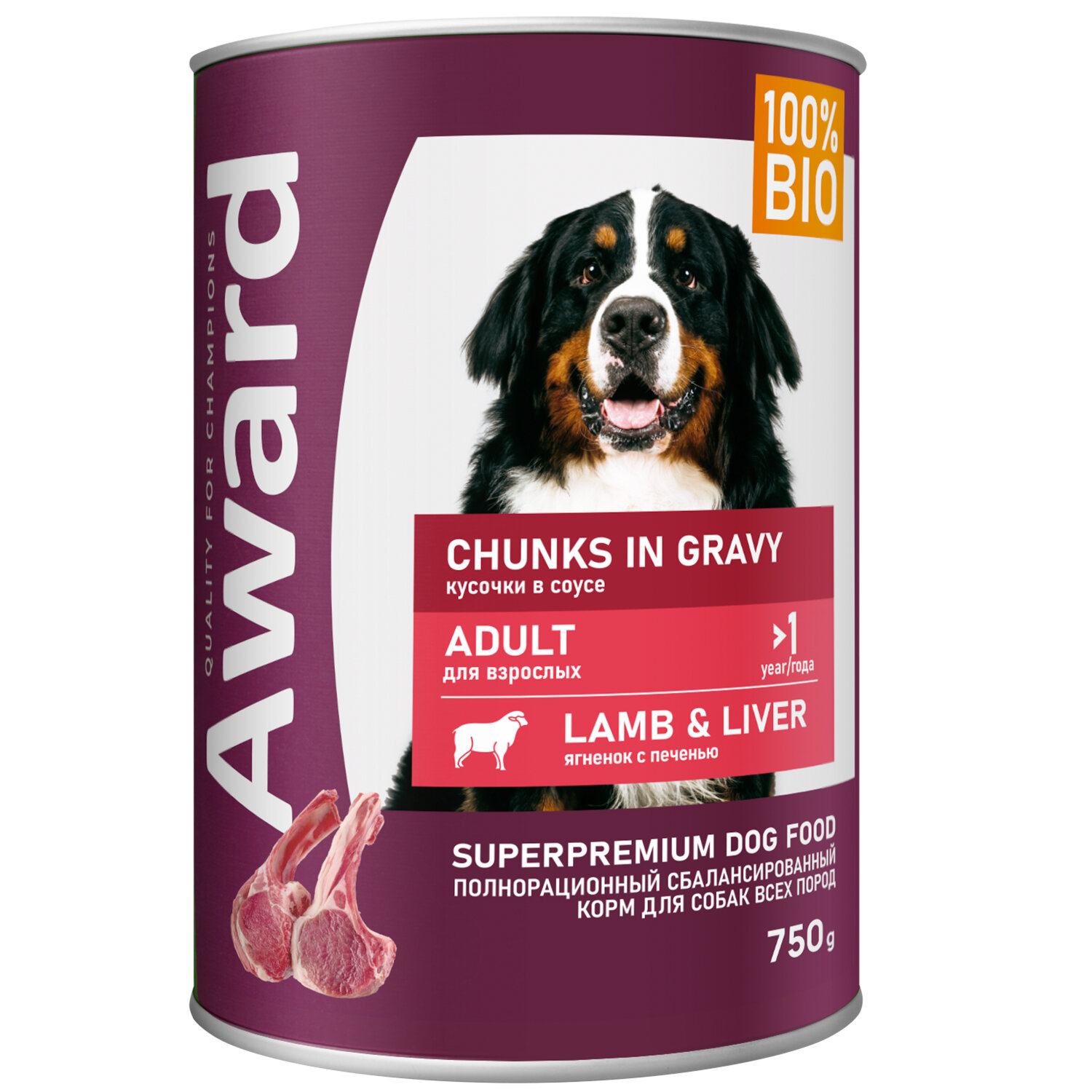AWARD Влажный корм для взрослых собак, кусочки с ягненком и печенью в соусе 750г