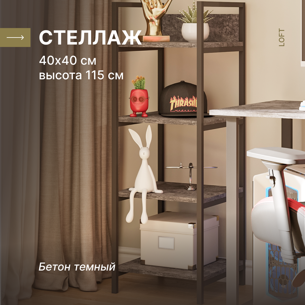Этажерка, стеллаж в стиле лофт Alternative Loft Бетон темный 400х400х1021 мм. Сохраните пространство и добавьте стиль в свой дом