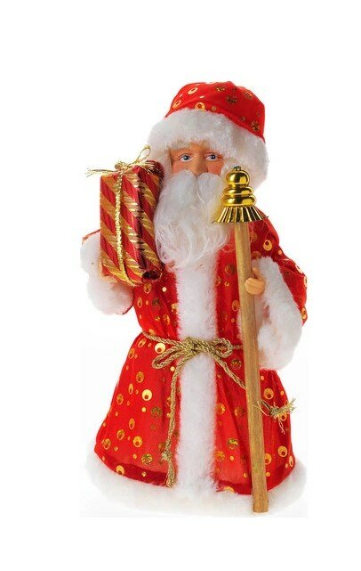 Новогодняя игрушка Дед Мороз в красн. шубе с подарком и посохом на бут. Е92070