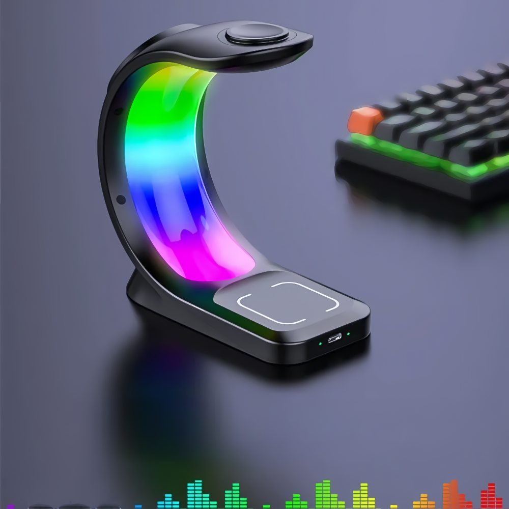 Беспроводная зарядная станция 4 в 1 для iPhone 16/15/14/13/12 + Apple Watch + AirPods / RGB подсветка / Быстрая зарядка Qi 15W