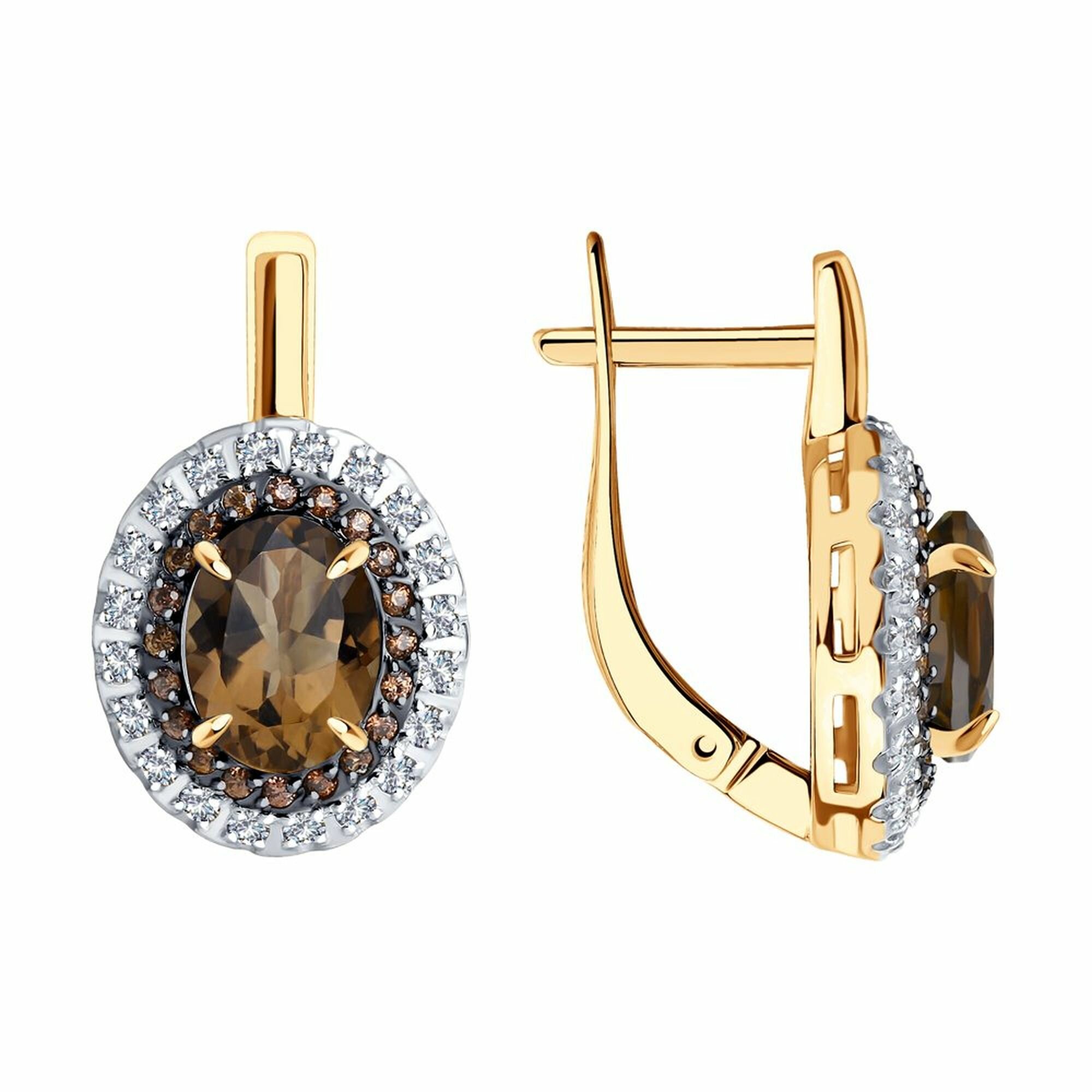 Серьги, красное золото, 585 проба, раухтопаз, фианит