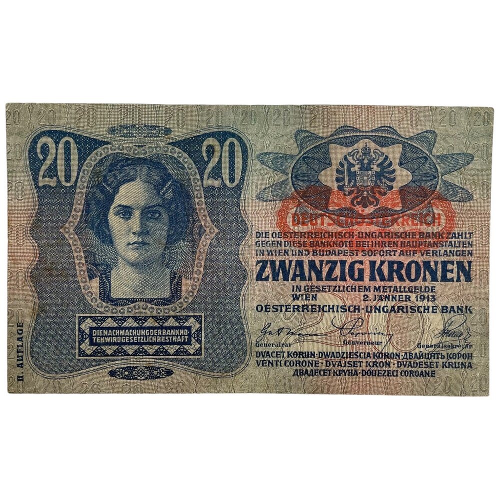 Австрия 20 крон 1913 г. (Выпуск II) (Надпечатка Германской империи 1919 г.) (Серия 1187)