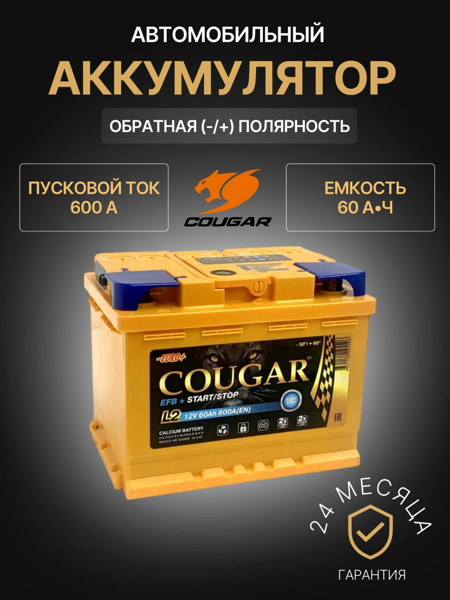 Аккумулятор автомобильный Cougar EFB R+ 12В 60Ач 600А