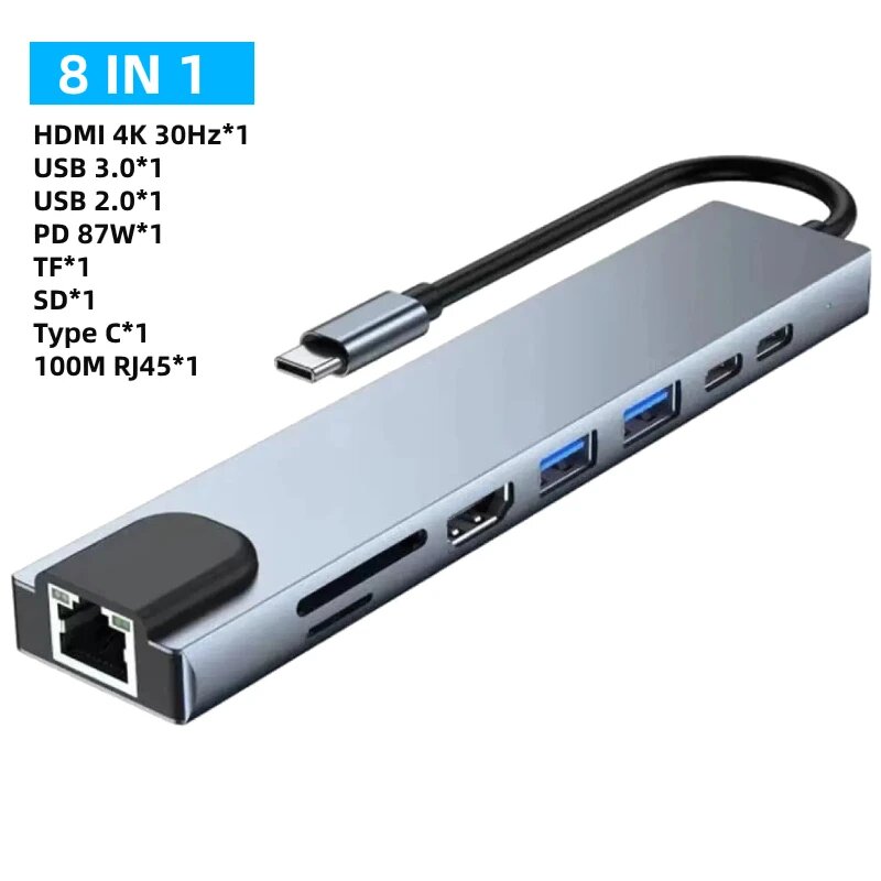 USB-хаб KEBIDUMEI 8-в-1 Type C 3.1 с поддержкой 4K HDTV, адаптером RJ45, кардридером SD/TF и быстрой зарядкой PD для MacBook, ноутбуков и лэптопов