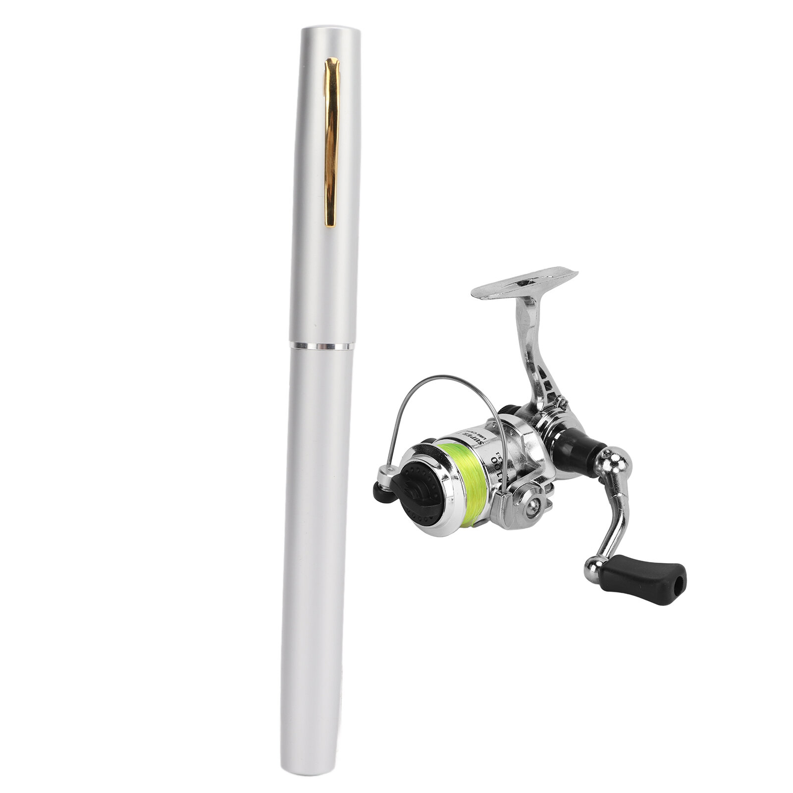 Портативная миниатюрная удочка в форме ручки, карманная, с выдвижным механизмом и катушкой, серебристого цвета.
