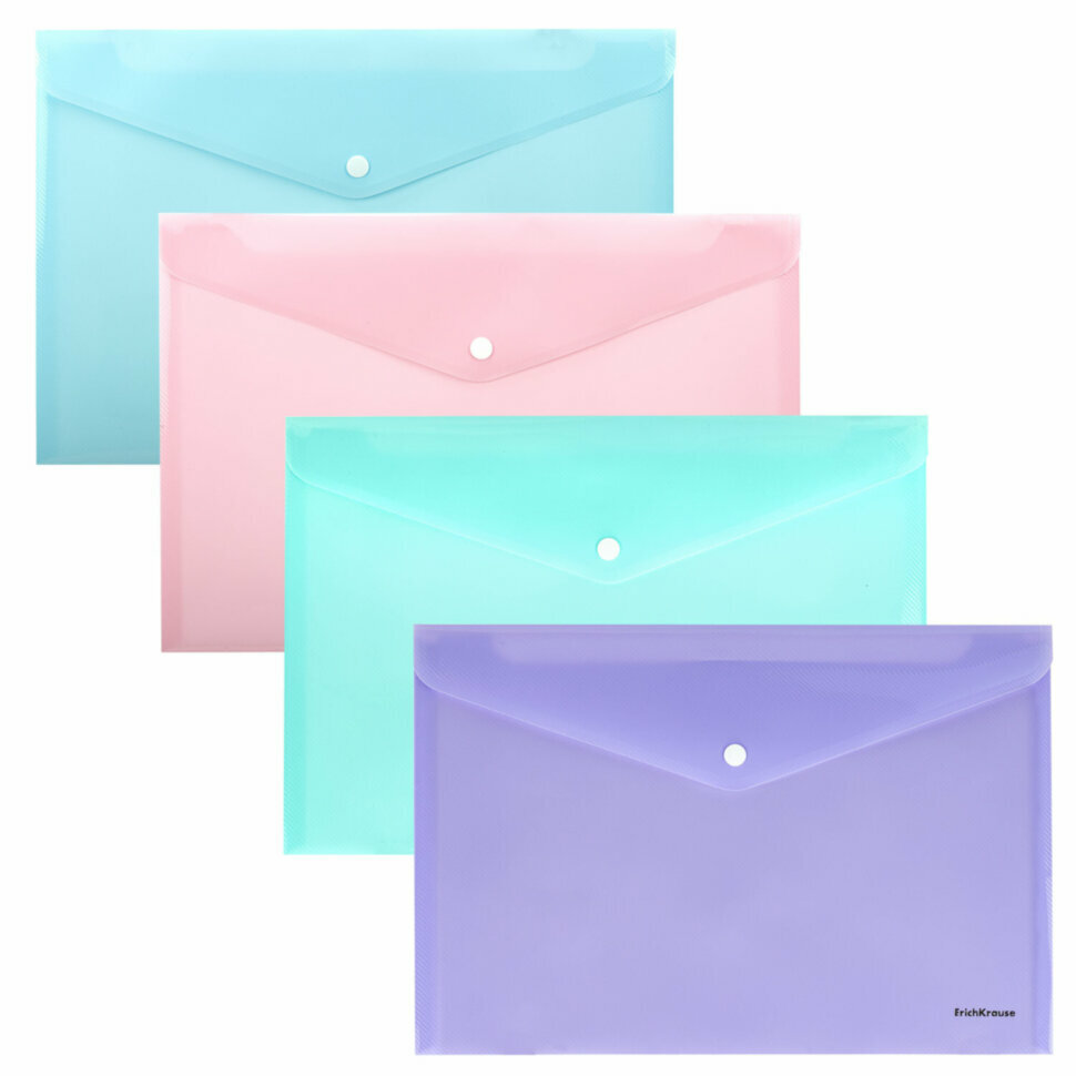 Папка-конверт с кнопкой ERICH KRAUSE "Diagonal Pastel", А4, до 120 л, непрозрачная, ассорти, 0,18 мм, 50322, 272923