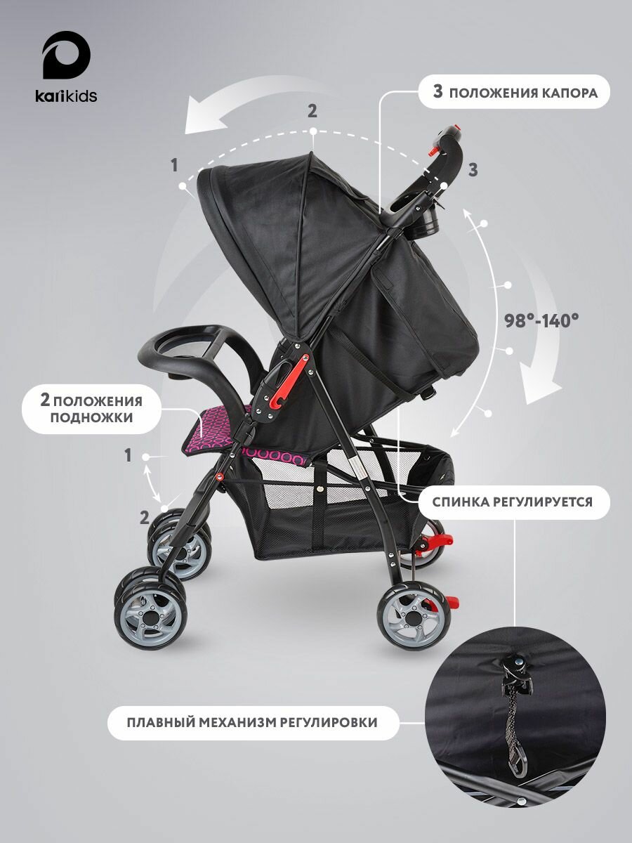 Коляска-книжка прогулочная всесезонная с капюшоном, чёрная, цвет чёрный, розовый
