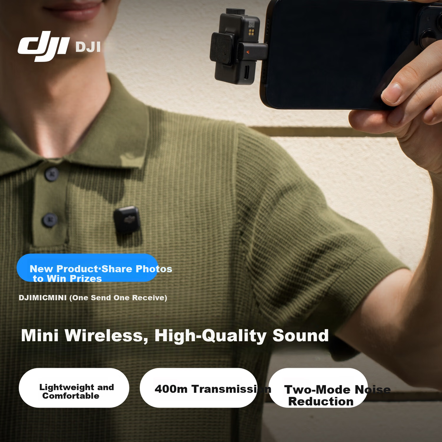 DJI DJI Mic Mini Wireless High-Quality Noise-Canceling Lavalier Microphone for Outdoor Interviews, Live Streaming, Vlogs, Smartphones, and Cameras