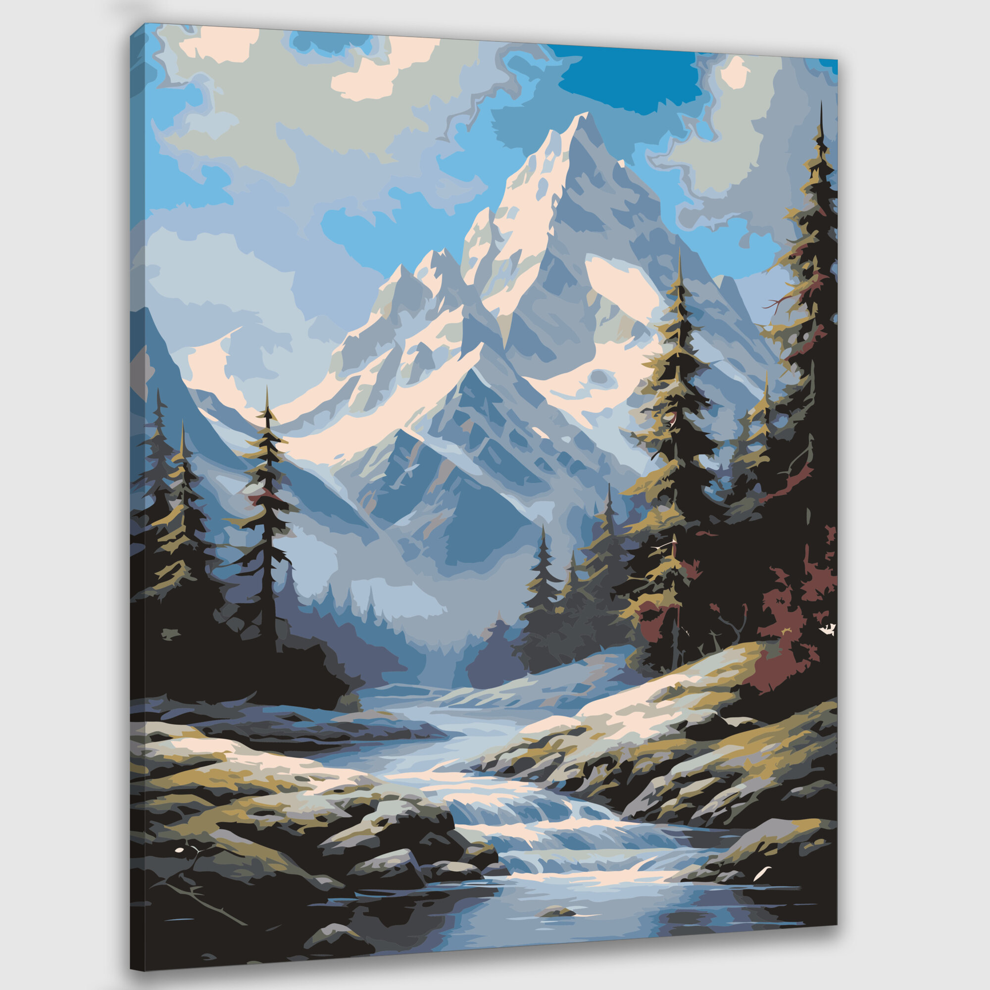 Картина по номерам 40x50 см, картина, масло, заснеженные горы, величественные вершины, ясное зимнее небо, фон