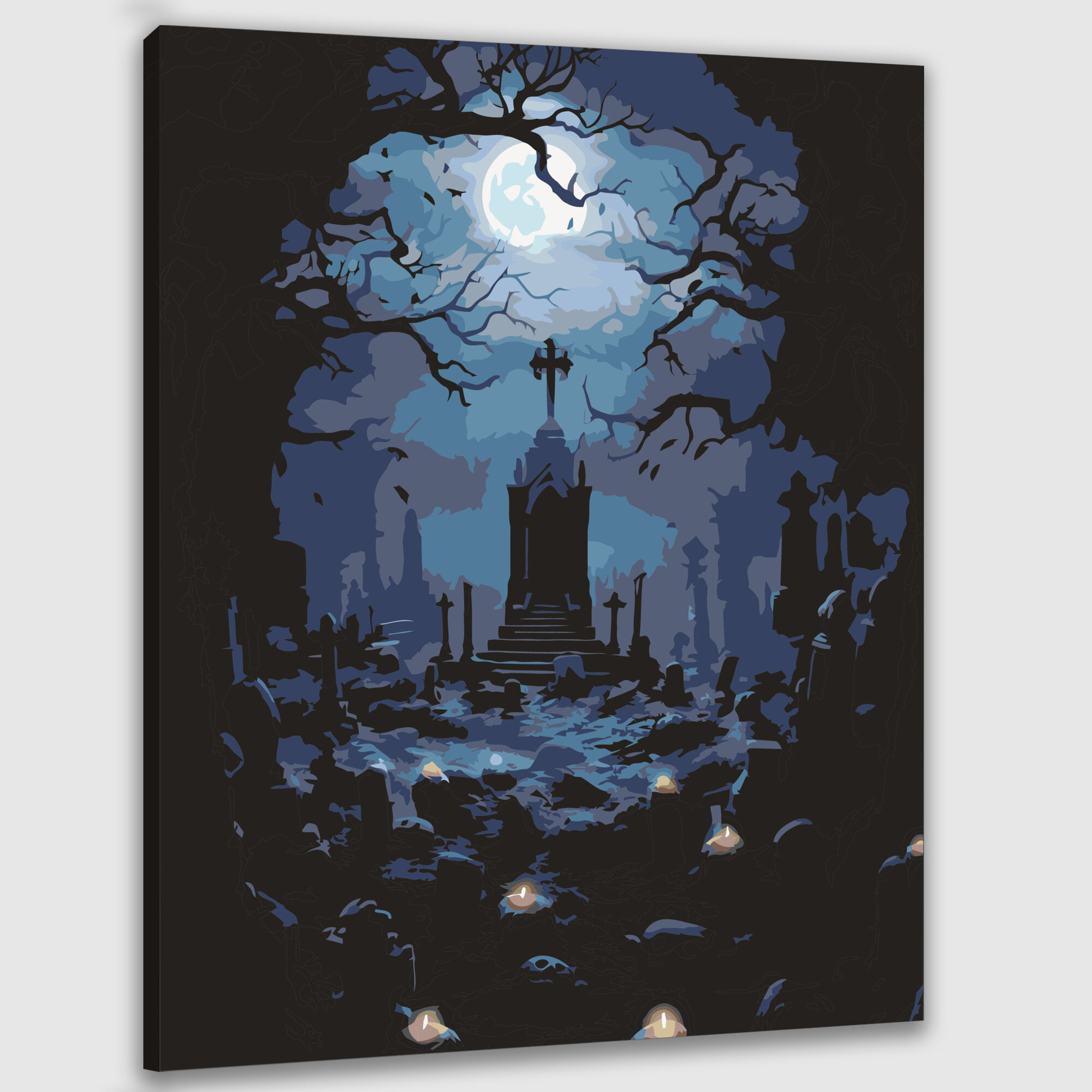 Картина по номерам 40x50 см, ключевые слова: цифровая, жуткое кладбище, полночь, туман, мягкое сияние полной луны