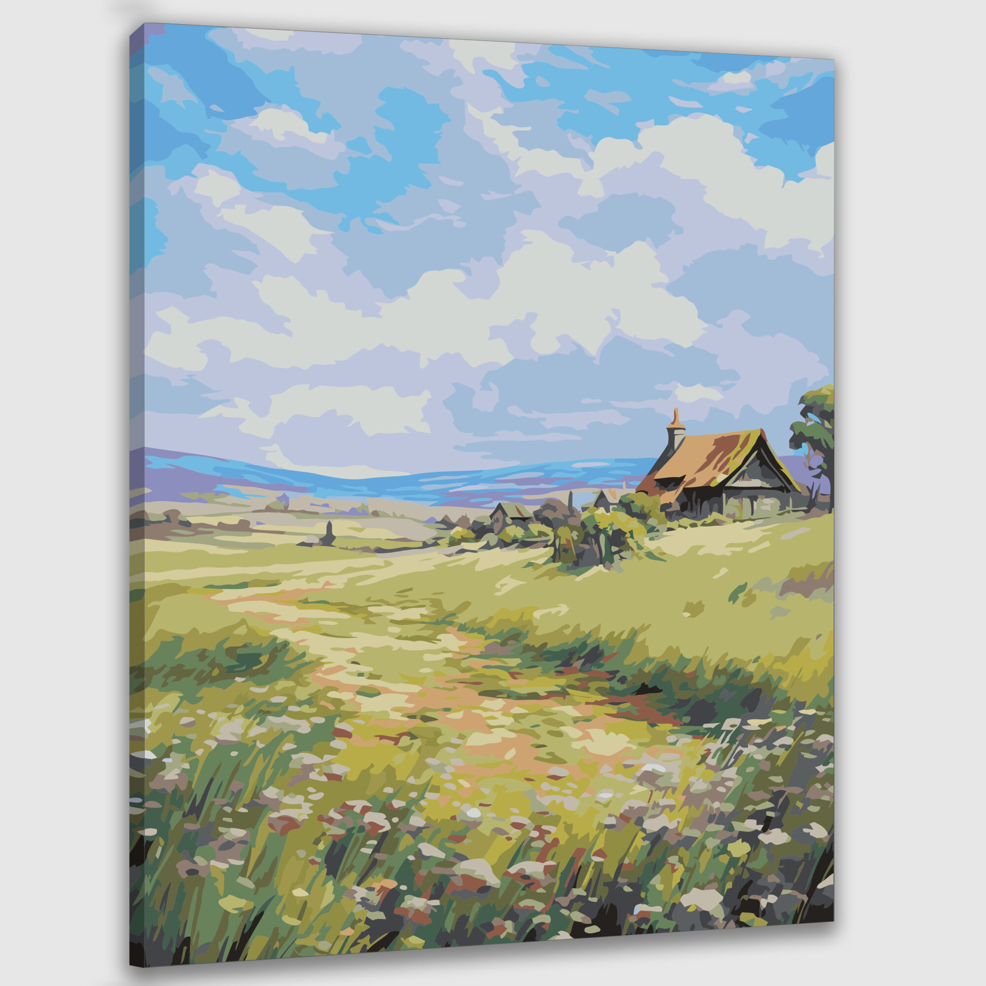Картина по номерам 40x50 см, картина, масло, пейзаж, луг, цветы, ветер, холмы, коттеджи, соломенные крыши