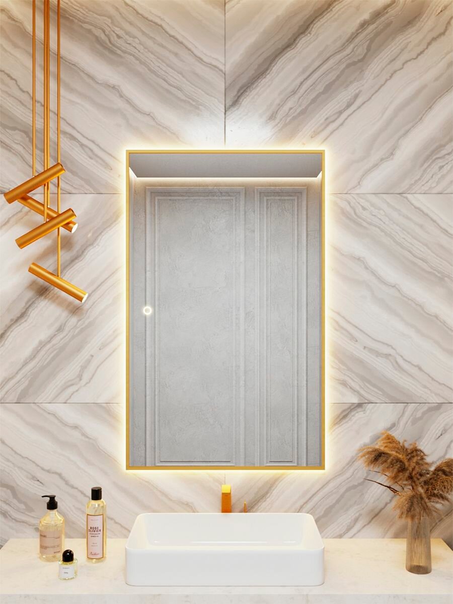 Зеркало настенное 110х60 см. BLX MIRROR с подсветкой в ванную сенсорное в алюминиевой раме, Золото