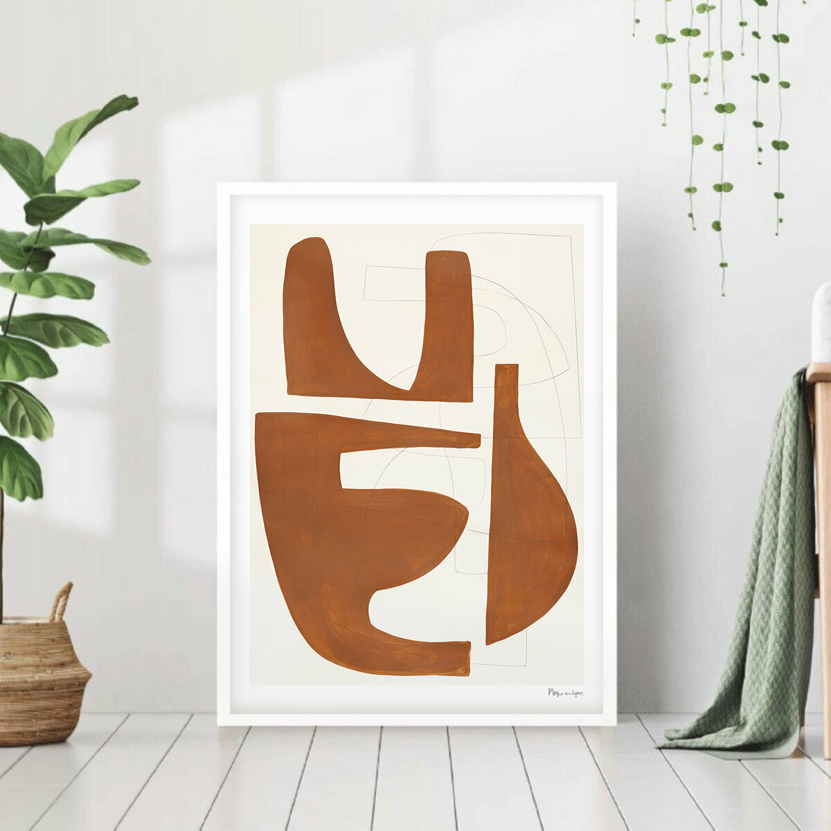 Постер "Абстракция коричневые фигуры" 50x70 в белой рамке для интерьера на стену