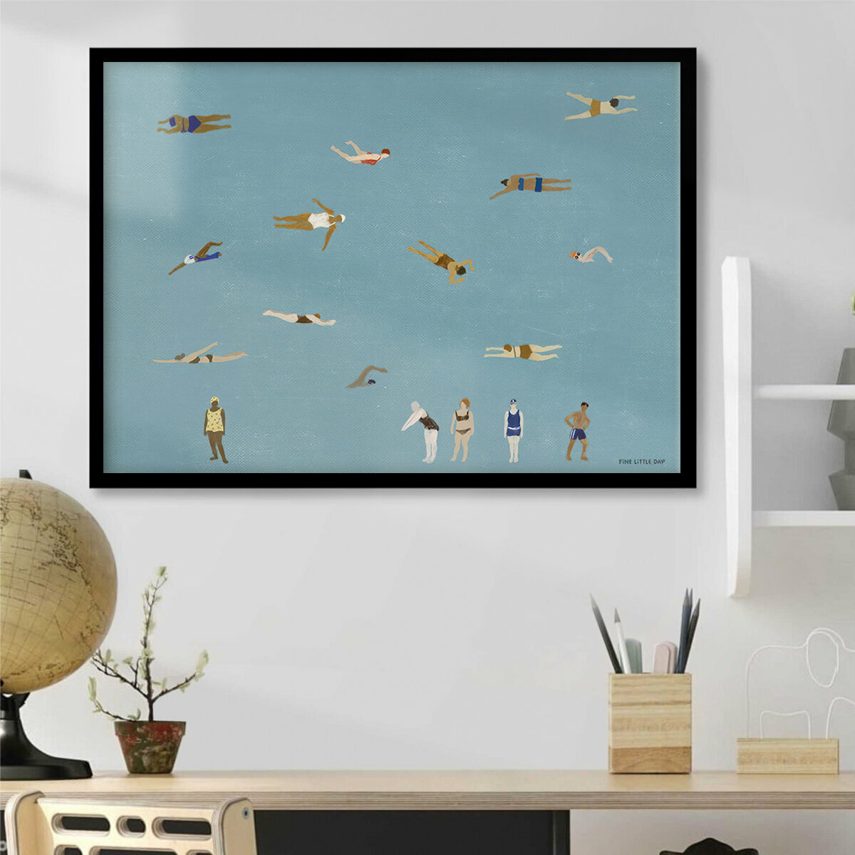 Постер "Абстракция рисунок люди в море" 40x50 в черной рамке на стену для интерьера