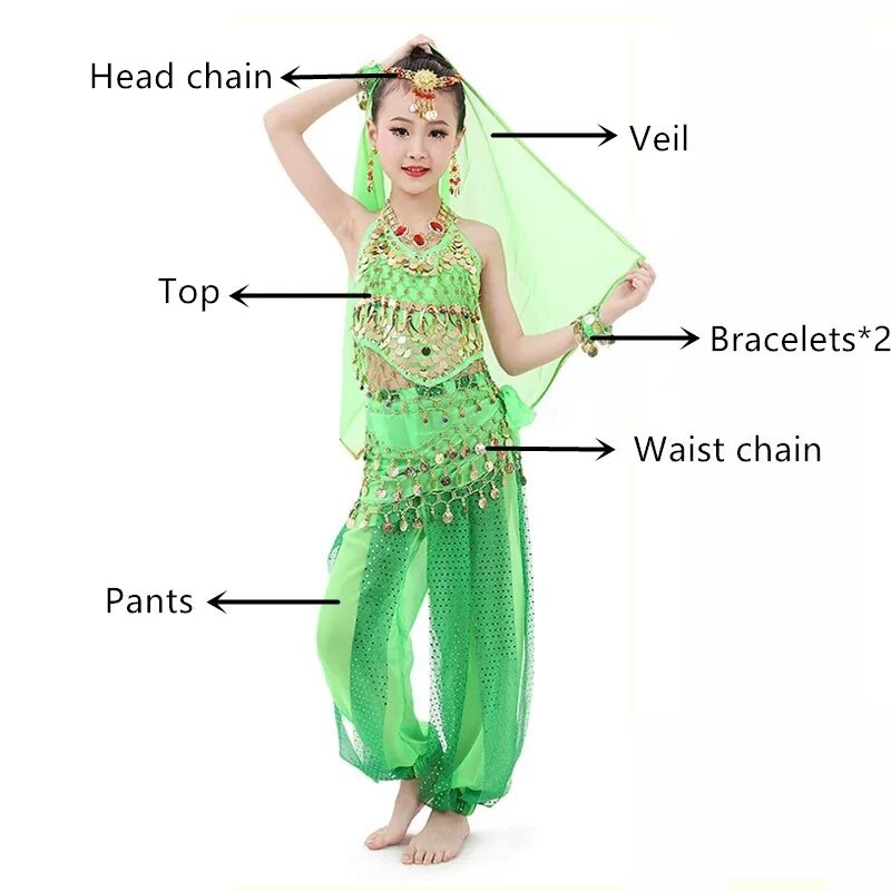 Детский набор костюмов для танца живота Yi Na Sheng Wu Изумрудный, М, Green 7 pcs