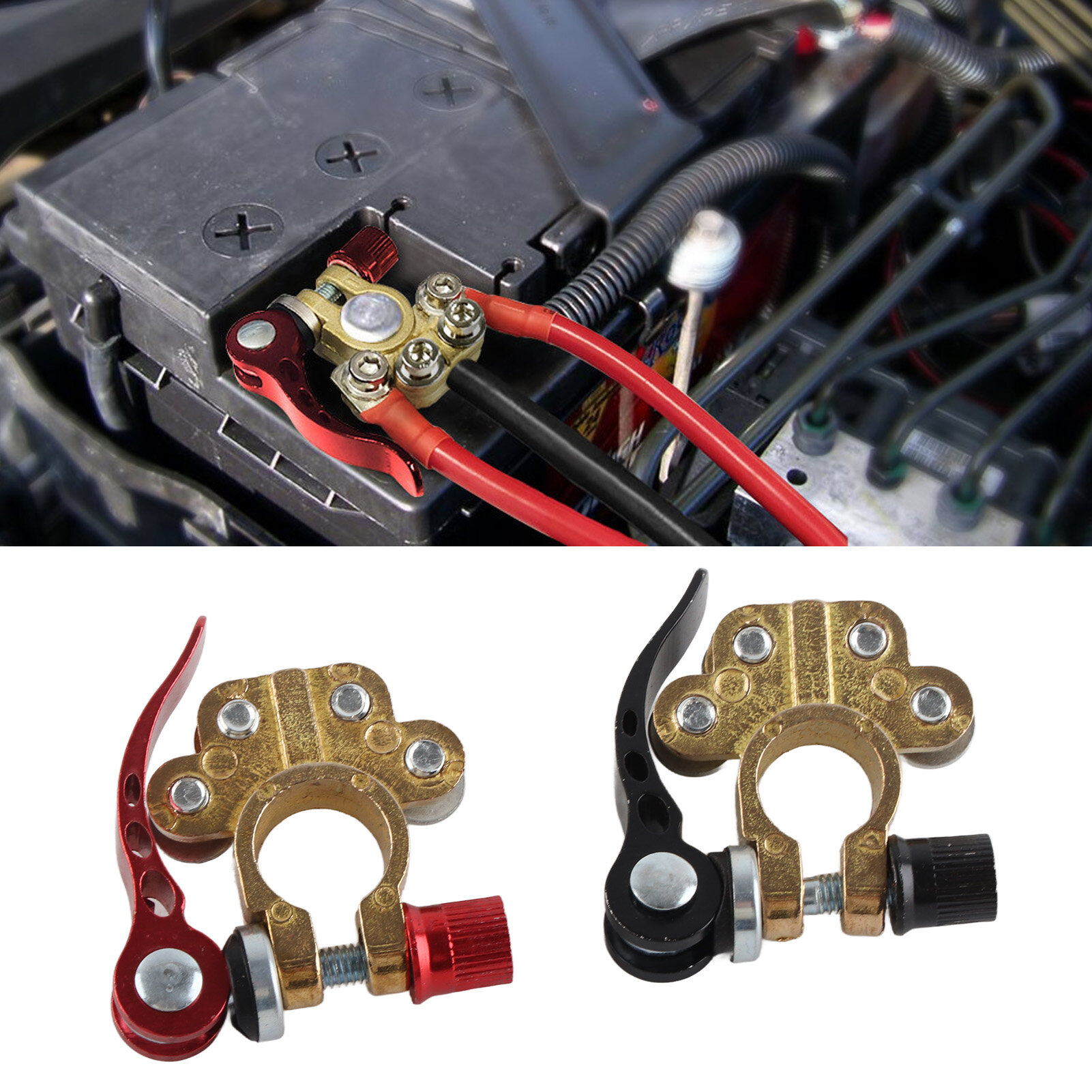 Разъемы для аккумуляторных клемм 4-х направляных, красный положительный, черный отрицательный, быстросъемные, для аккумуляторов 45‑200Ah, для автомобильных аккумуляторов цилиндрических SAE JIS, в комплекте с шестигранным ключом