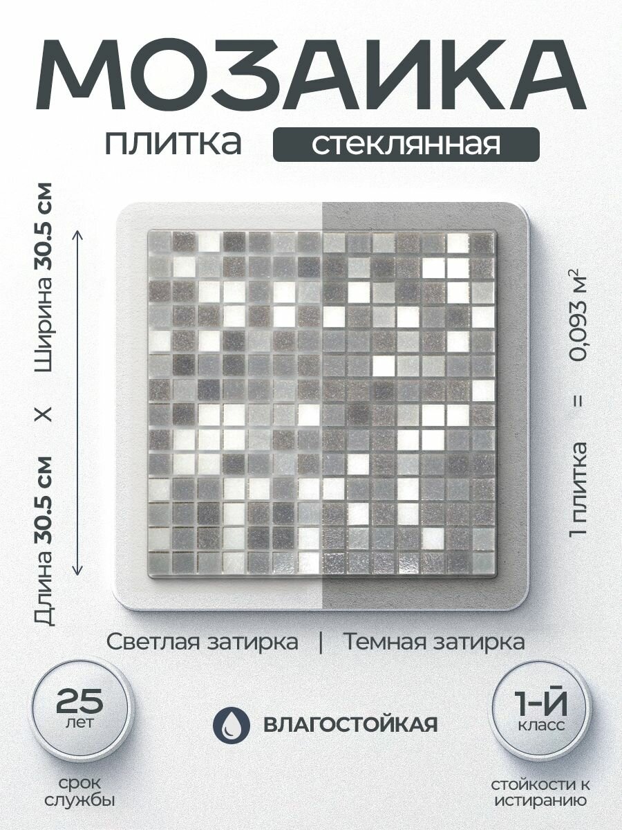 Плитка мозаика MIRO (серия Einsteinium №310), универсальная стеклянная плитка для ванной и душевой комнаты, для фартука на кухне размер 30.5х30.5см, упаковка 1 штук на сетке, 0,09 м2