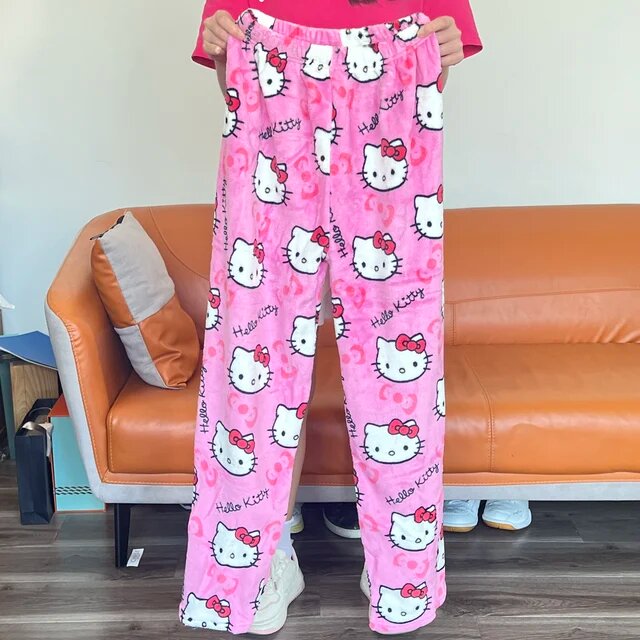 Утолщенные пижамные штаны Hello Kitty, флисовые брюки Sanrio из аниме, мягкие, эластичные, женские брюки с рисунком, подарок на день рождения и Хэллоуин, Размер: М 37-47 кг